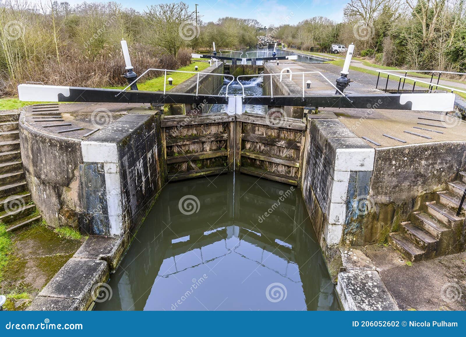 A View of the First Lock at Hatton Locks, UK with the Lock Staircase in ...