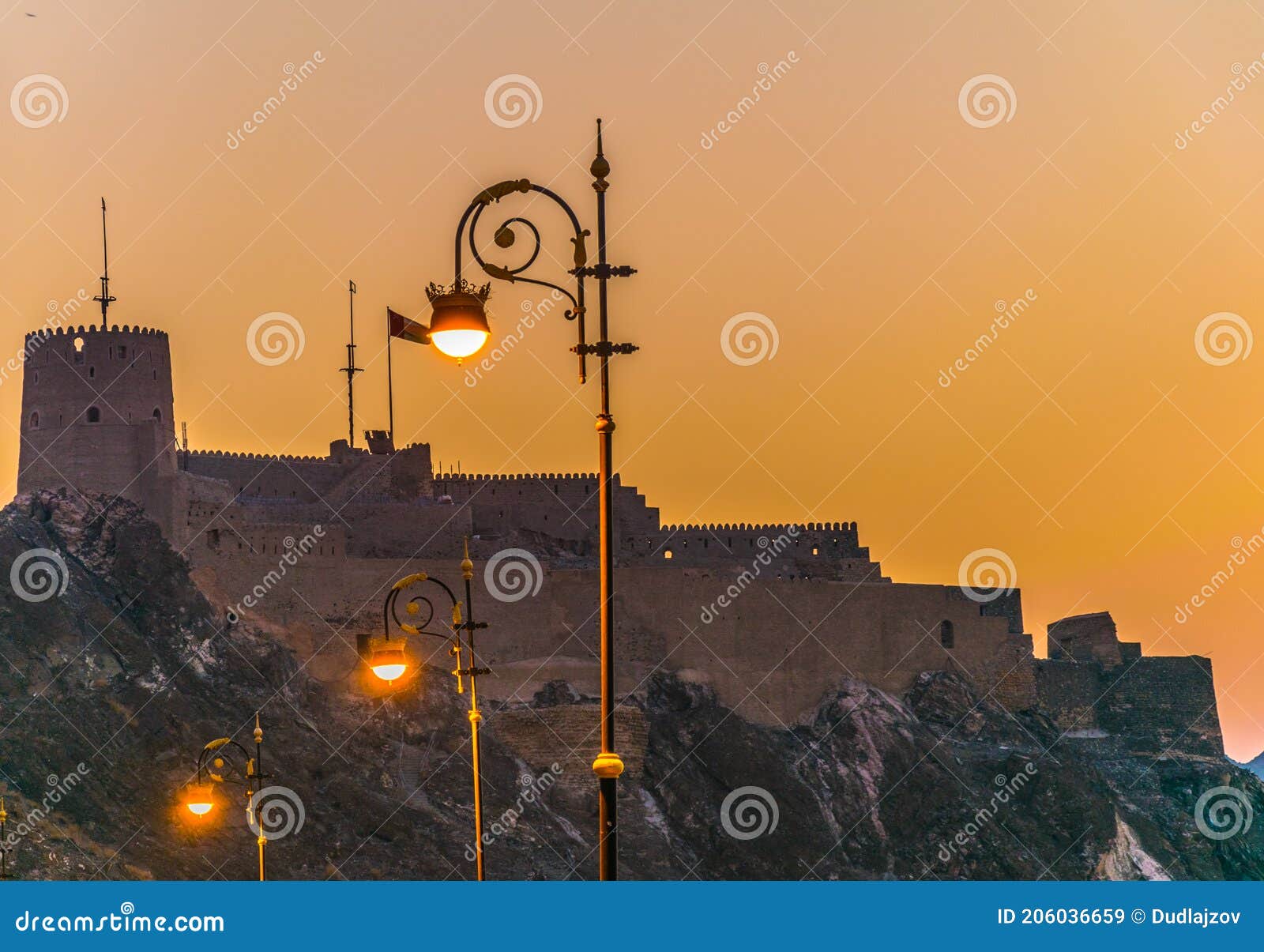 View of a Fort in Muttrah District of Muscat during Sunset, Oman Stock ...