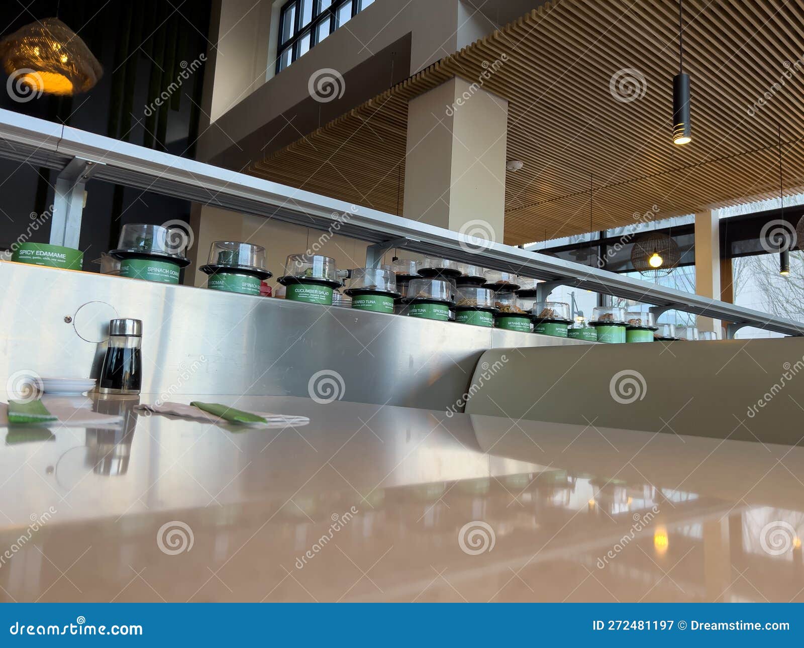 View of Freshly Made Sushi on a Conveyor Belt Inside a Sushi Train ...