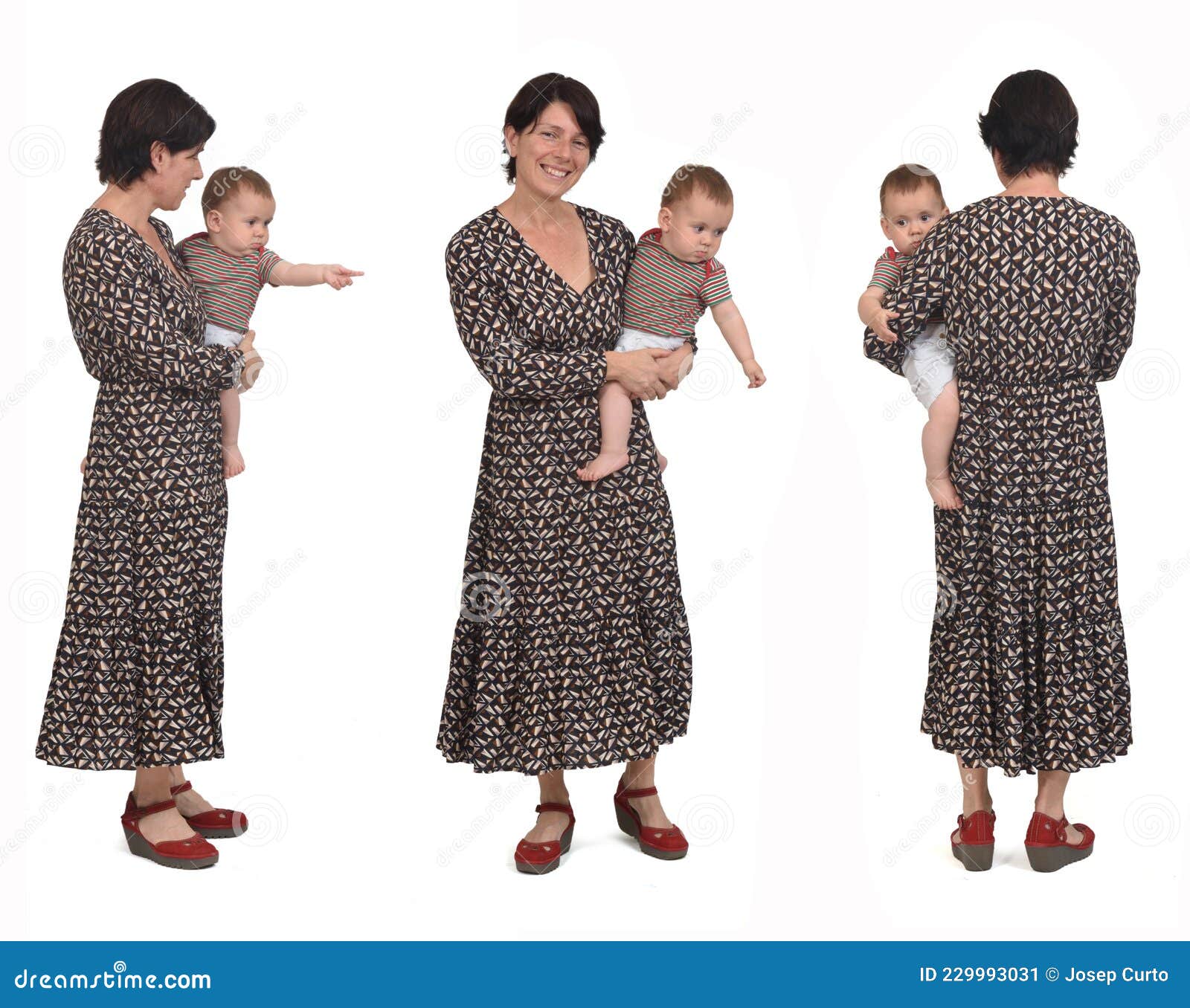 Front, Back and Side View of Same Mother Carrying Her Baby on White ...