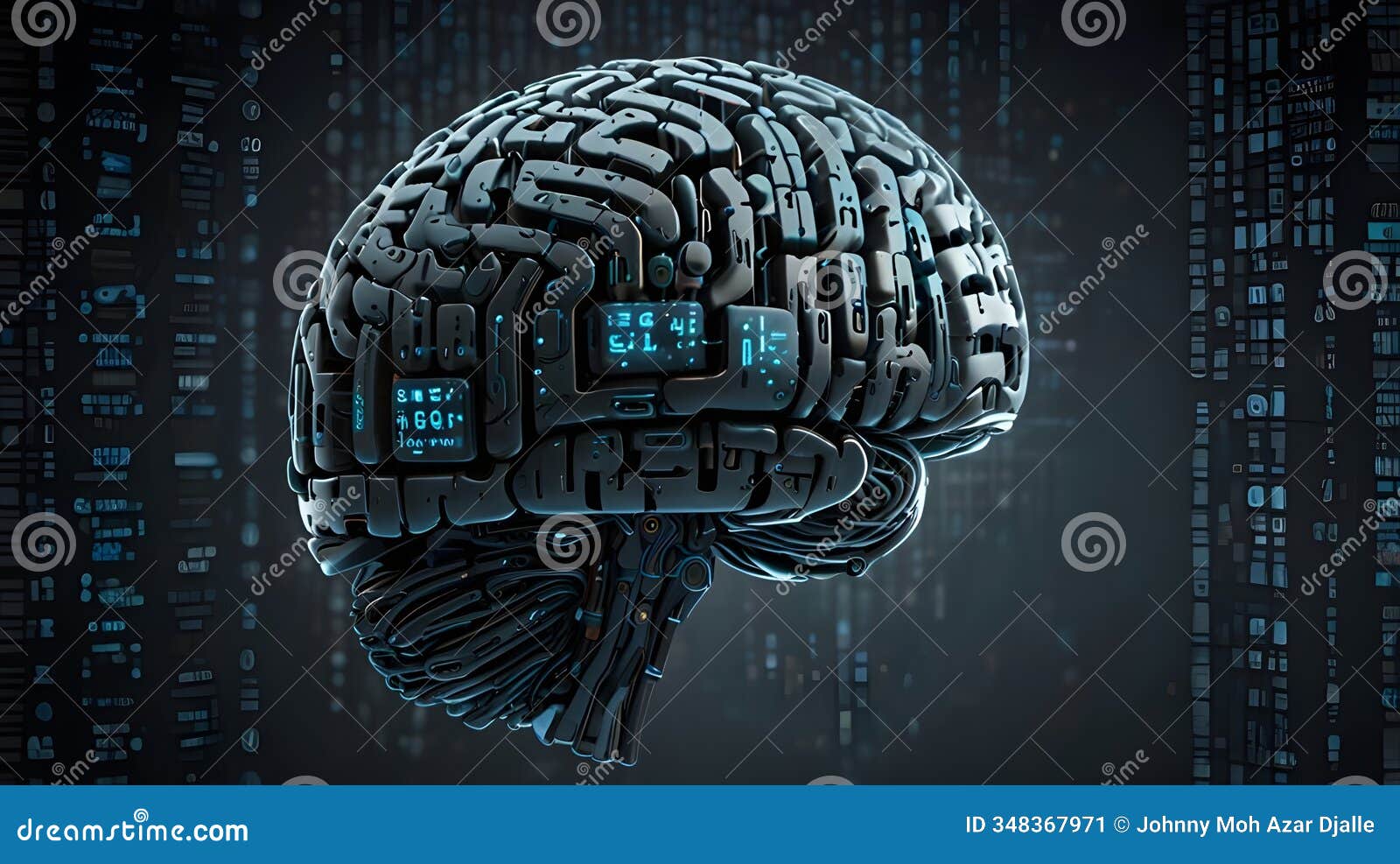 Futuristic AI Brain Surrounded by Binary Code and Digital Patterns Stock Illustration ...