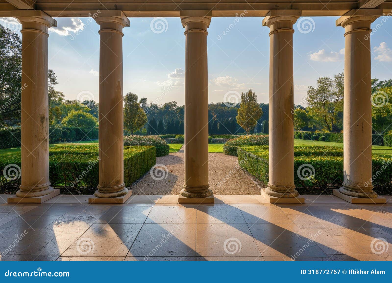 View Of A Garden Below, Seen From A Grand Building With Doric Columns ...
