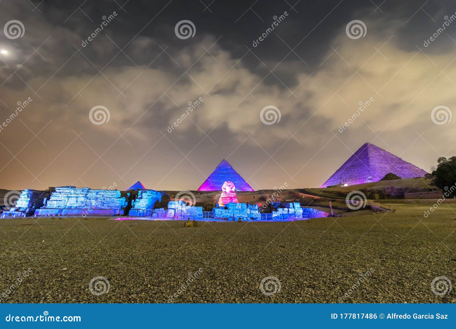 Giza Pyramids and Sphinx Light Up at Night Stock Photo - Image of cairo ...