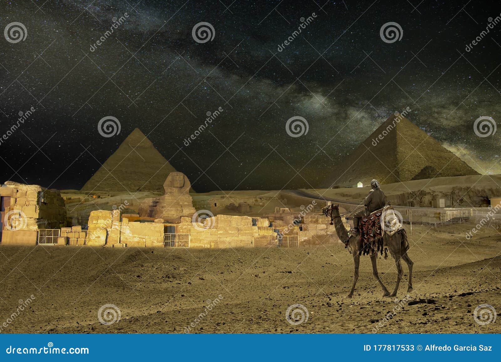 Giza Pyramids and Sphinx Light Up at Night Stock Image - Image of night ...