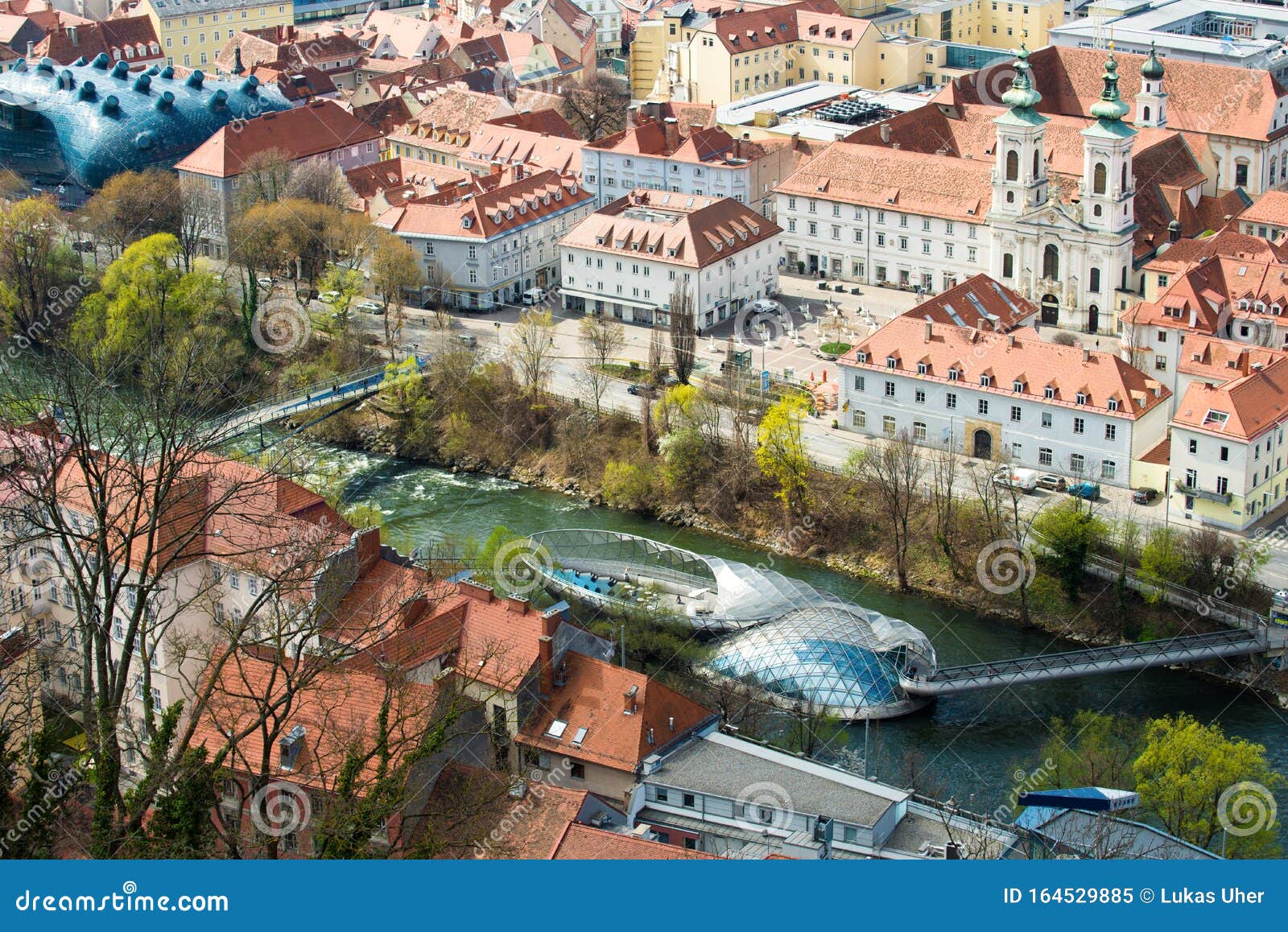 View at Graz City - Murinsel Bridge, City Rooftops Nad Mur River ...