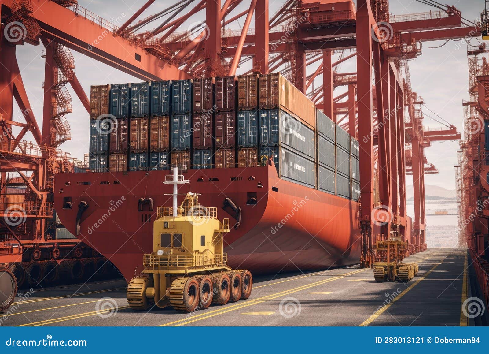 View from the Ground To a Huge Port Crane Loading Container Ship ...
