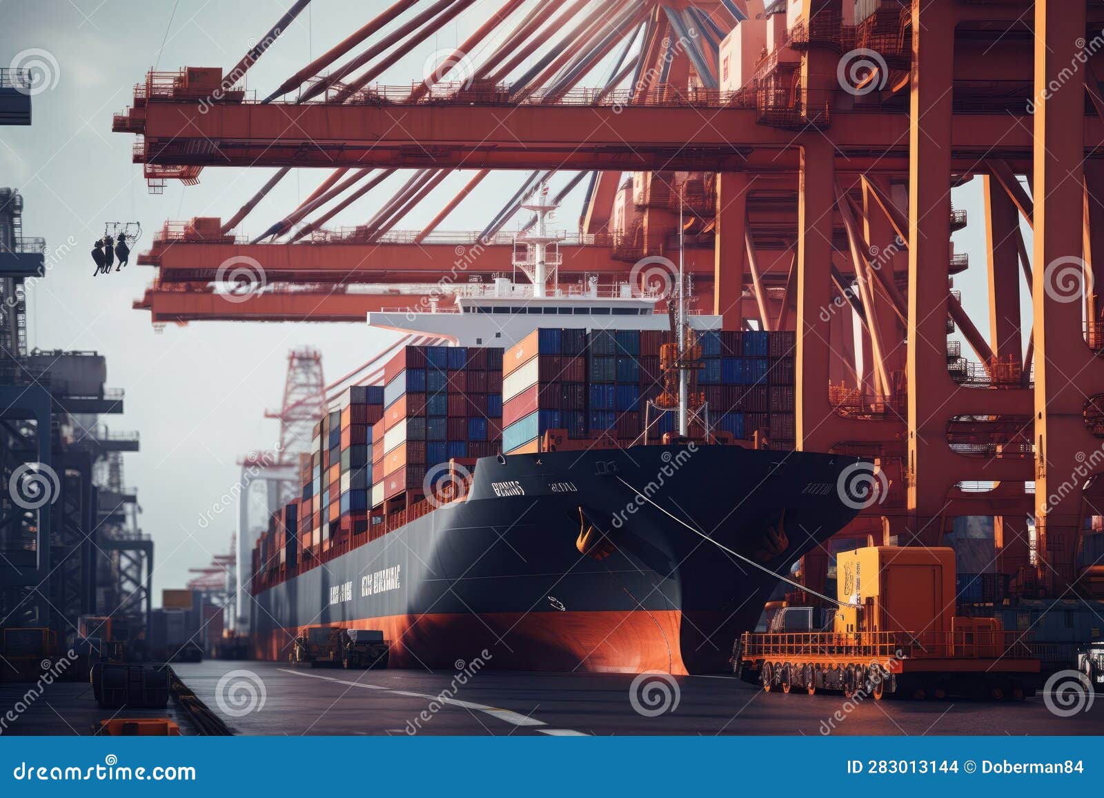 View from the Ground To a Huge Port Crane Loading Container Ship ...