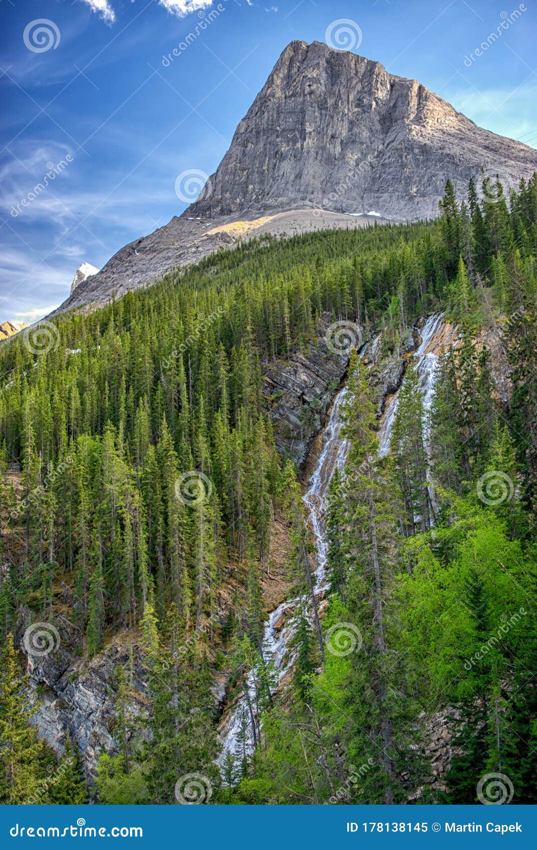 View of Ha Ling Peak and Waterfall, Canmore Stock Image - Image of ...