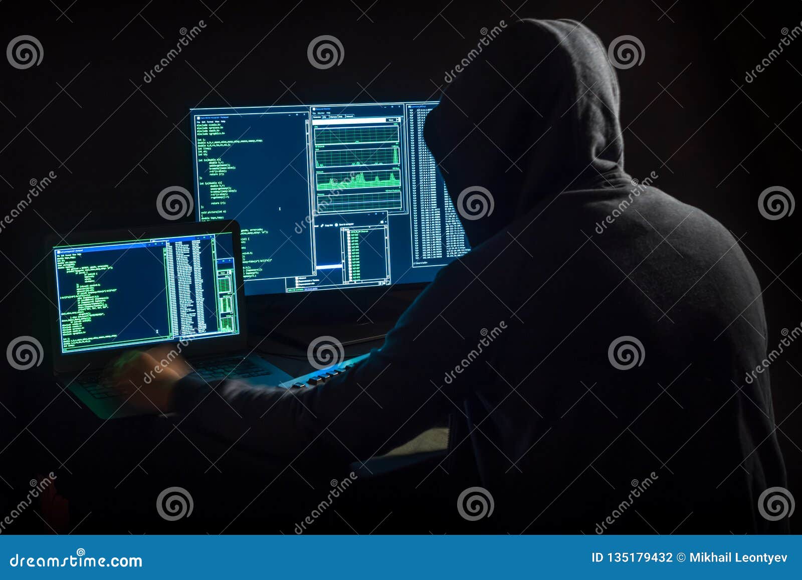 Hacker in Front of Two Monitors with Computer Code Stock Photo - Image ...