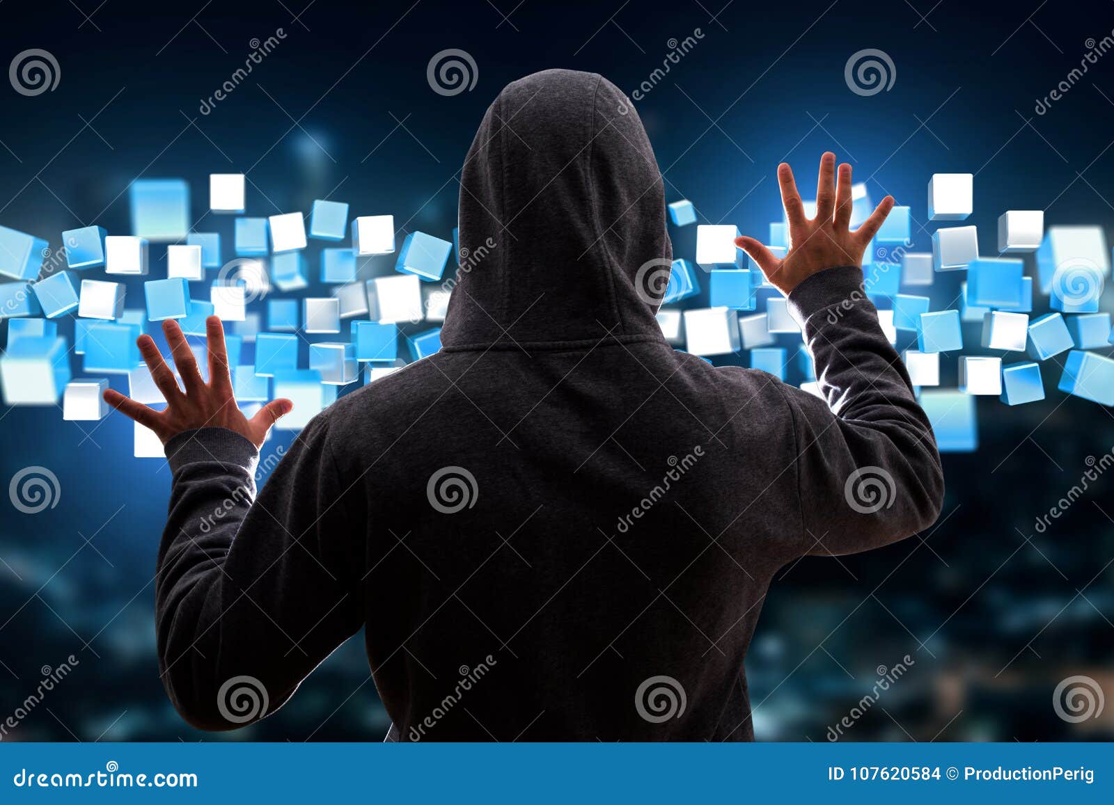Hacker Man In The Dark Using Computer To Hack Data And Information 