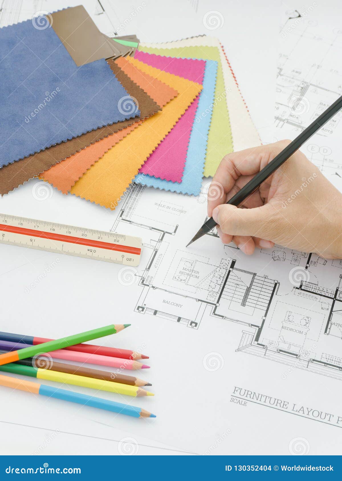 View of Hand Writing on Architectural Drawing with Fabric Sample Stock ...