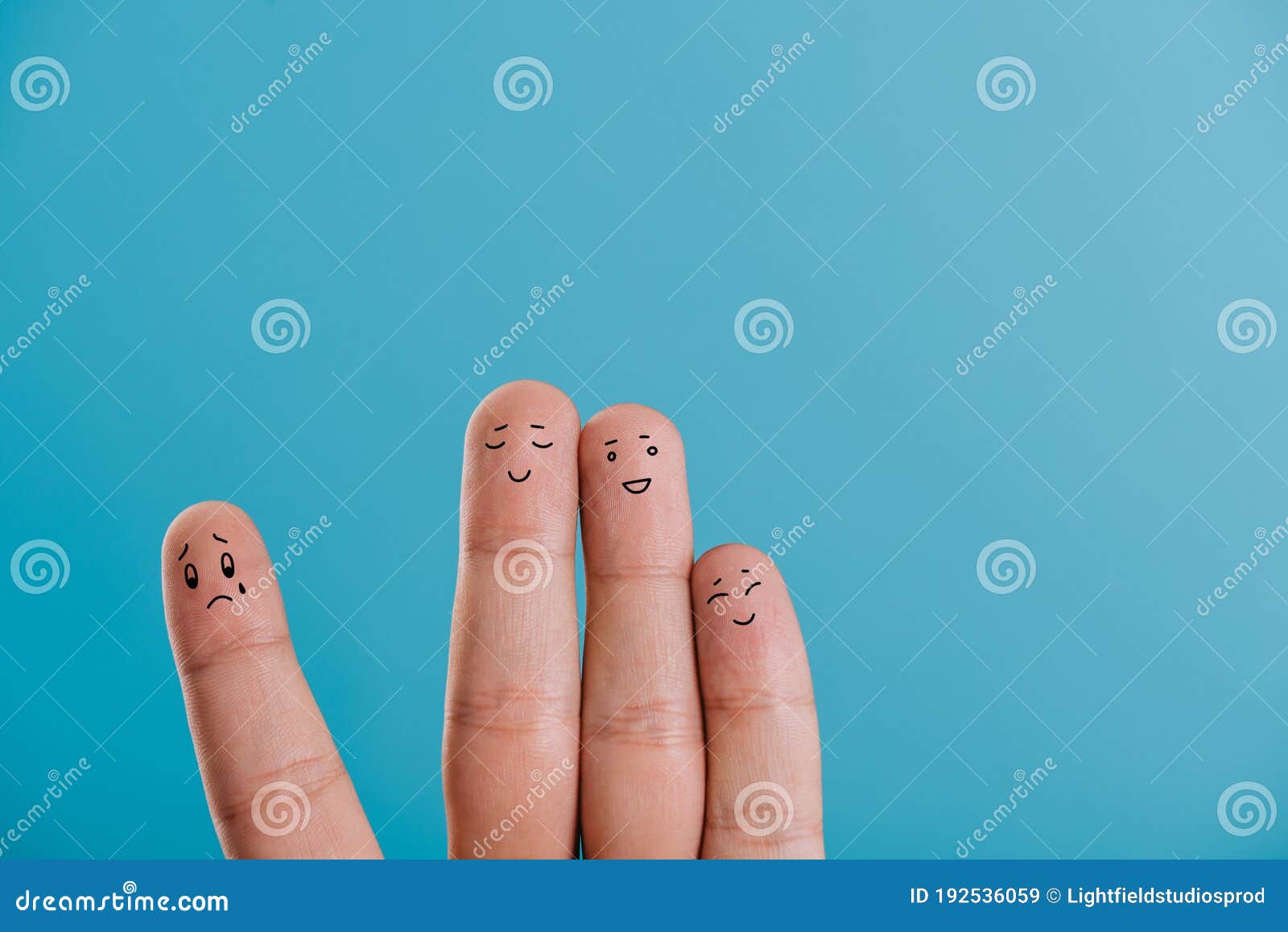 View of Happy Fingers with One Sad Isolated on Blue Stock Image - Image ...