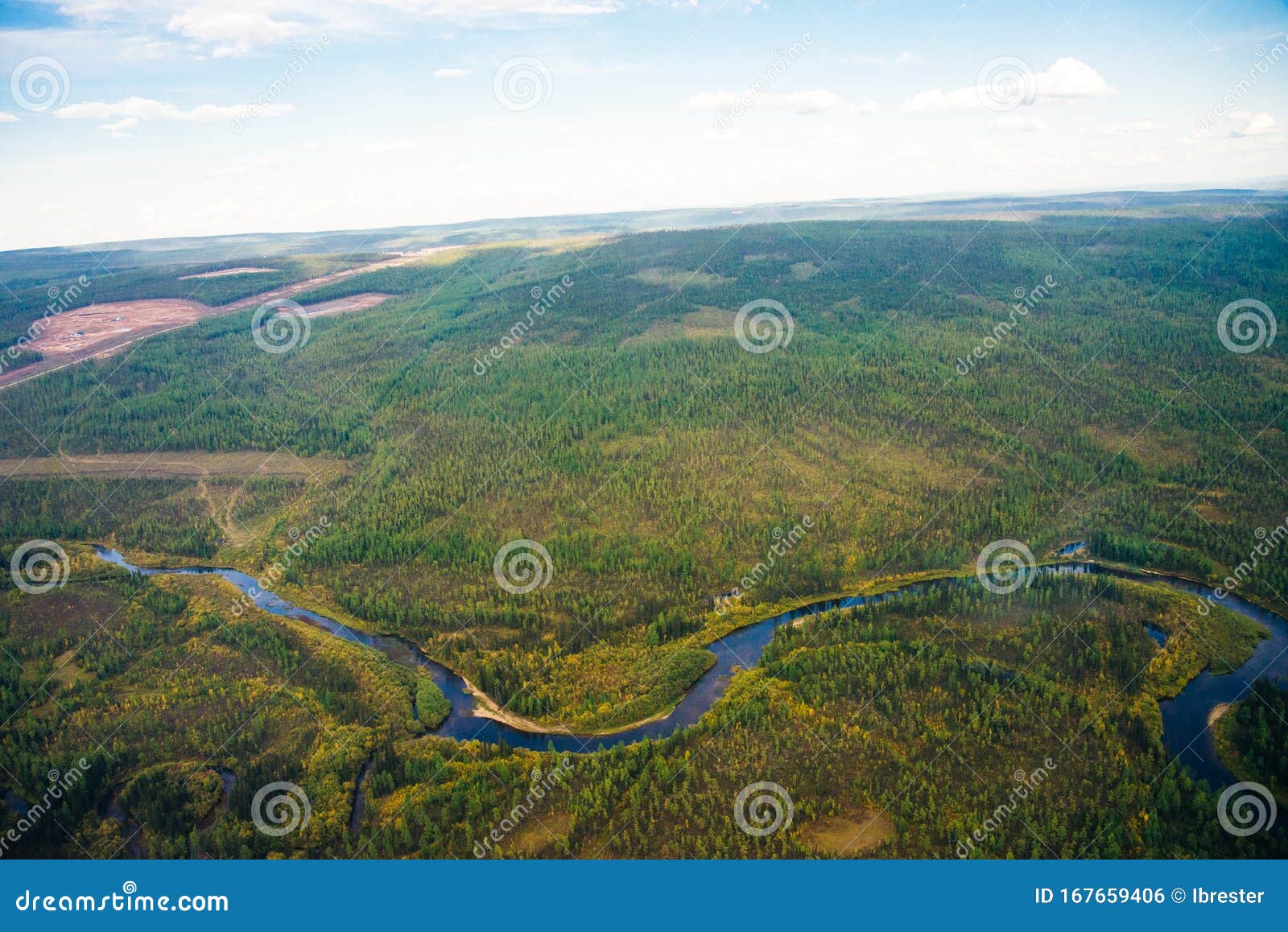 View from a Height of Taiga with a River Stock Photo - Image of aerial ...