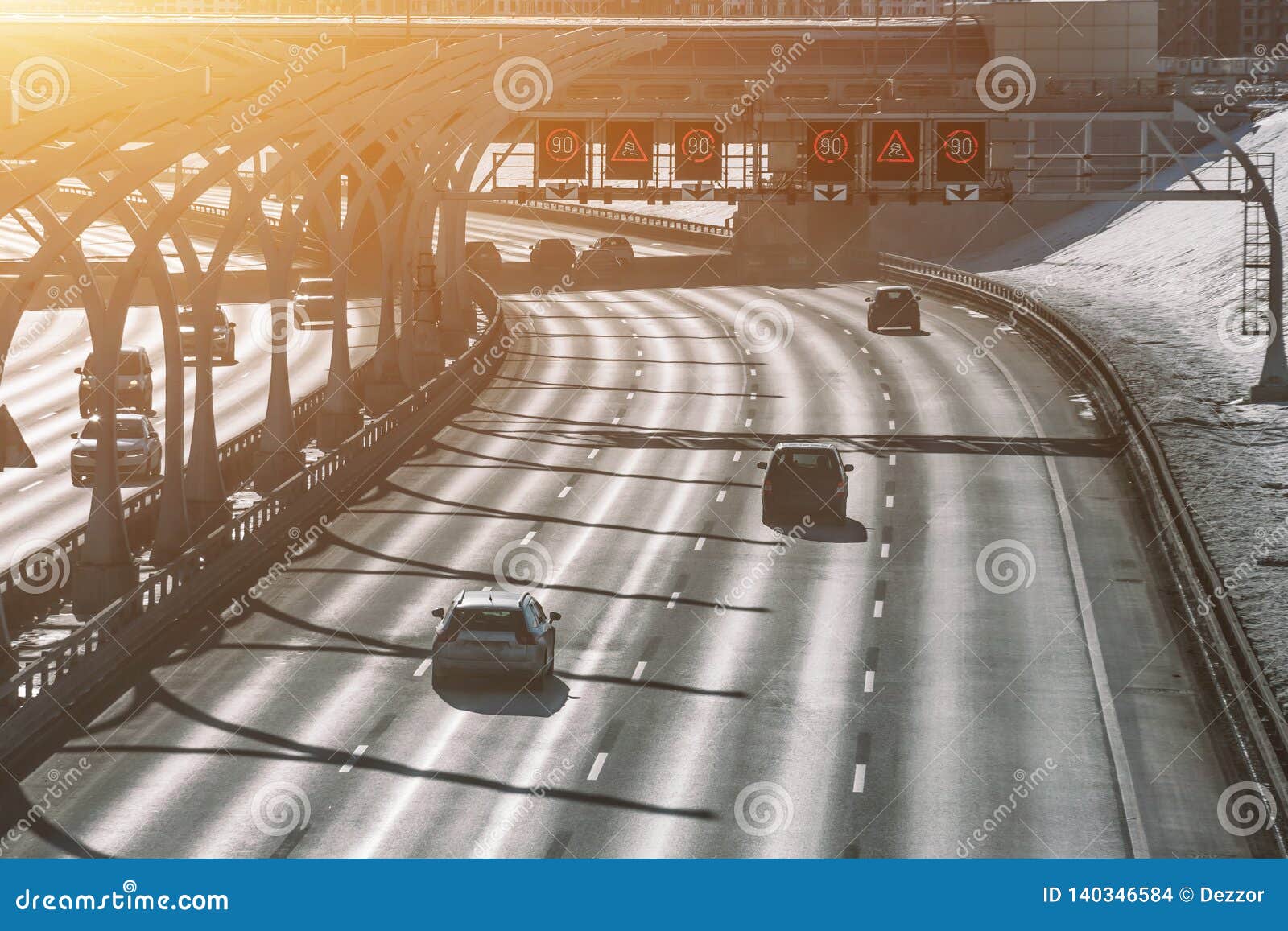 View of High-speed Highway, with Warning Road Signs. Toll Road Stock ...