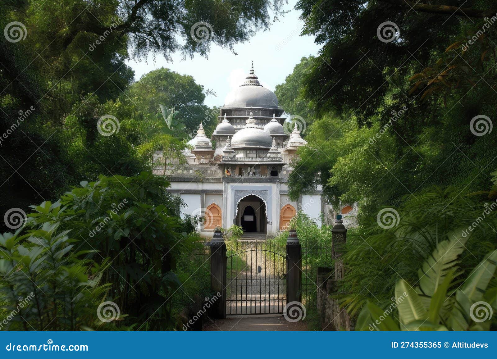 View of Hindu Temple, with Gate and Dome in the Distance, Surrounded by ...