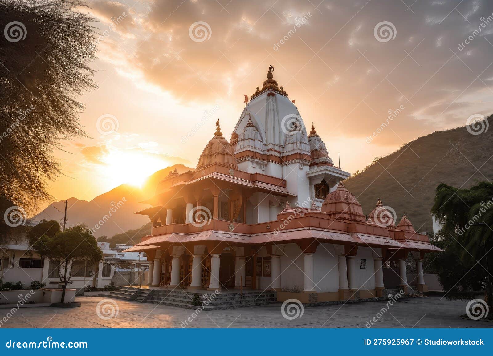 View of Hindu Temple, with the Sun Setting in the Background, Casting a ...