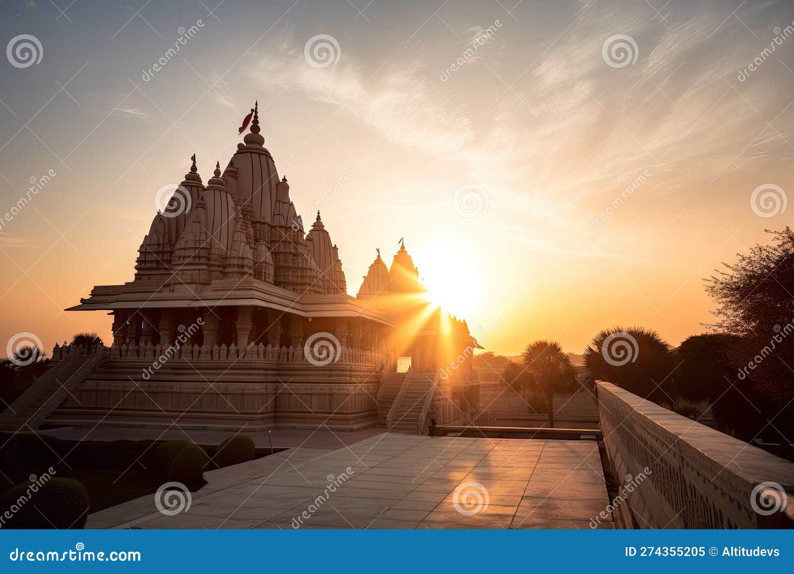 View of Hindu Temple with the Sun Setting in the Background, Creating a ...