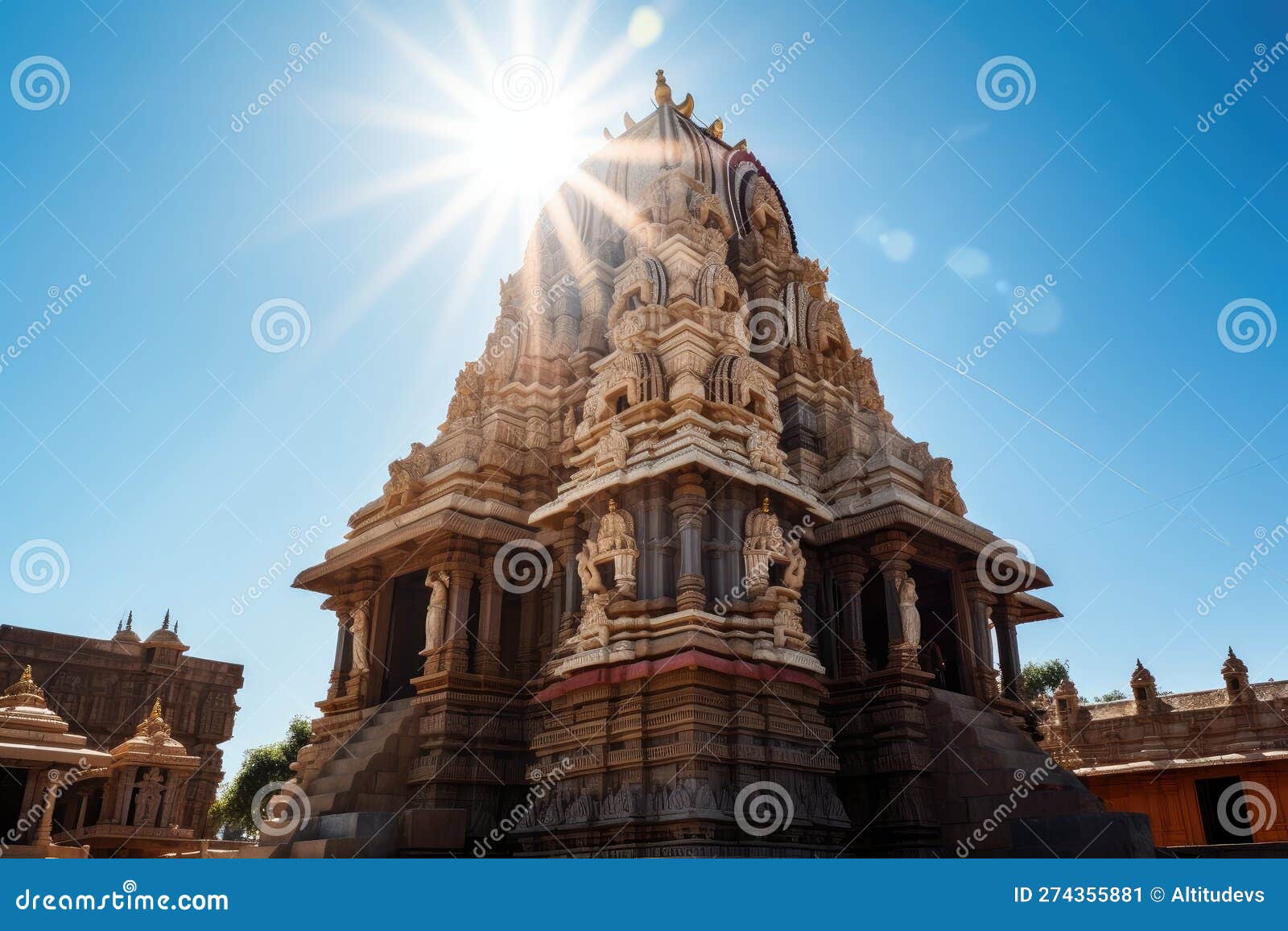 View of Hindu Temple, with the Sun Shining Down on Its Graceful ...