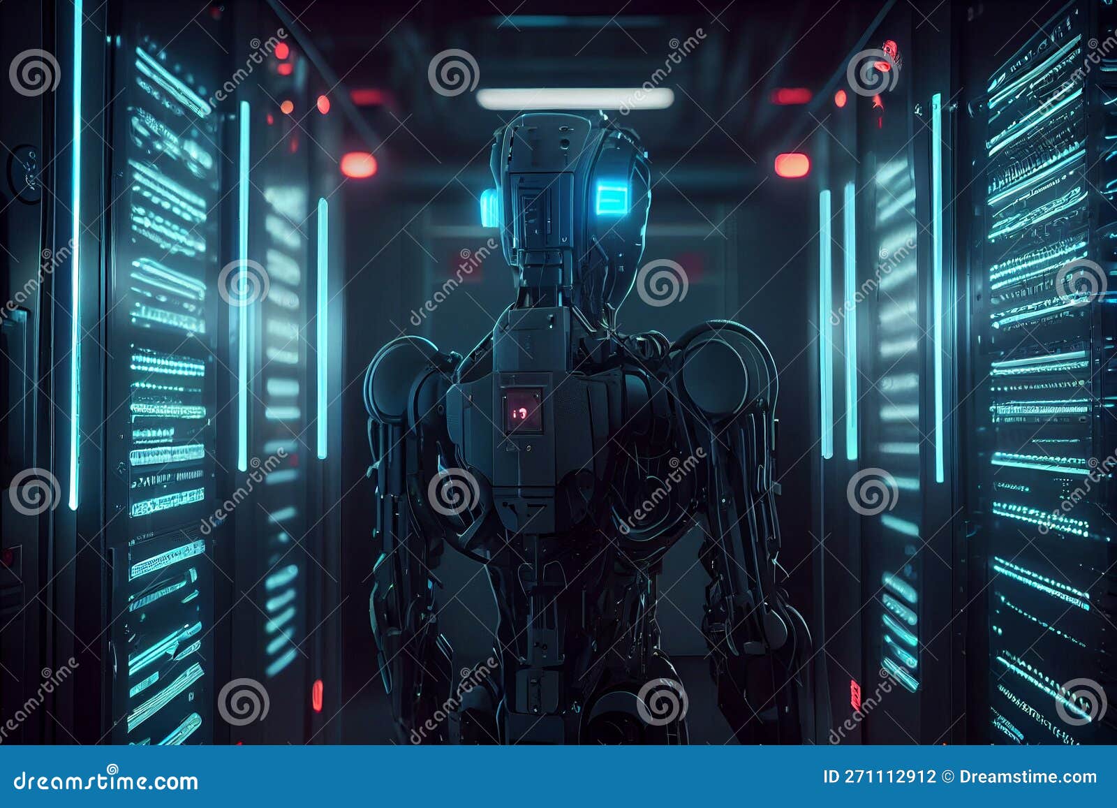 View Of Human-like White Robot In Hallway Of Server Room Among Racks In ...