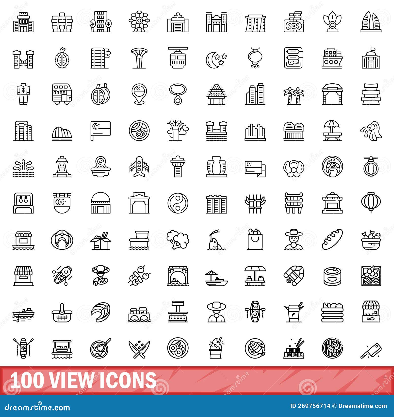 100 View Icons Set, Outline Style Stock Vector - Illustration of ...