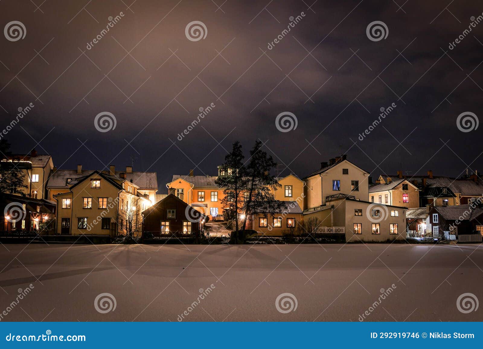 View of Illuminated Buildings at Night Stock Photo - Image of winter ...
