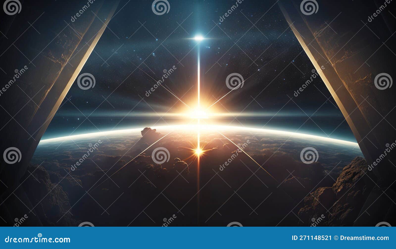 View from Illuminator on Planet and Star Rising Behind with Bright Rays ...