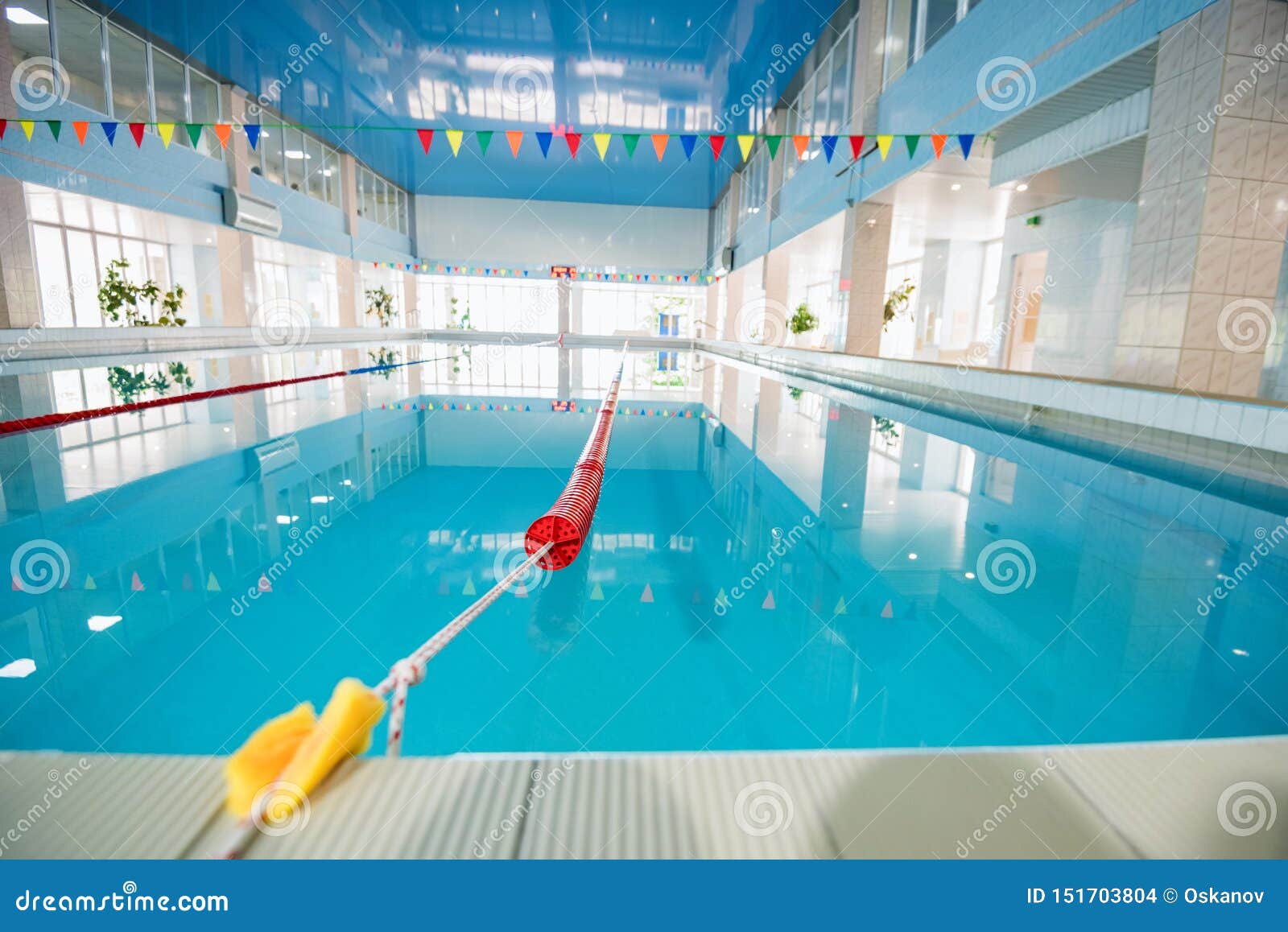 Interior of Empty Public Swimming Pool with Decorative Flags Stock ...
