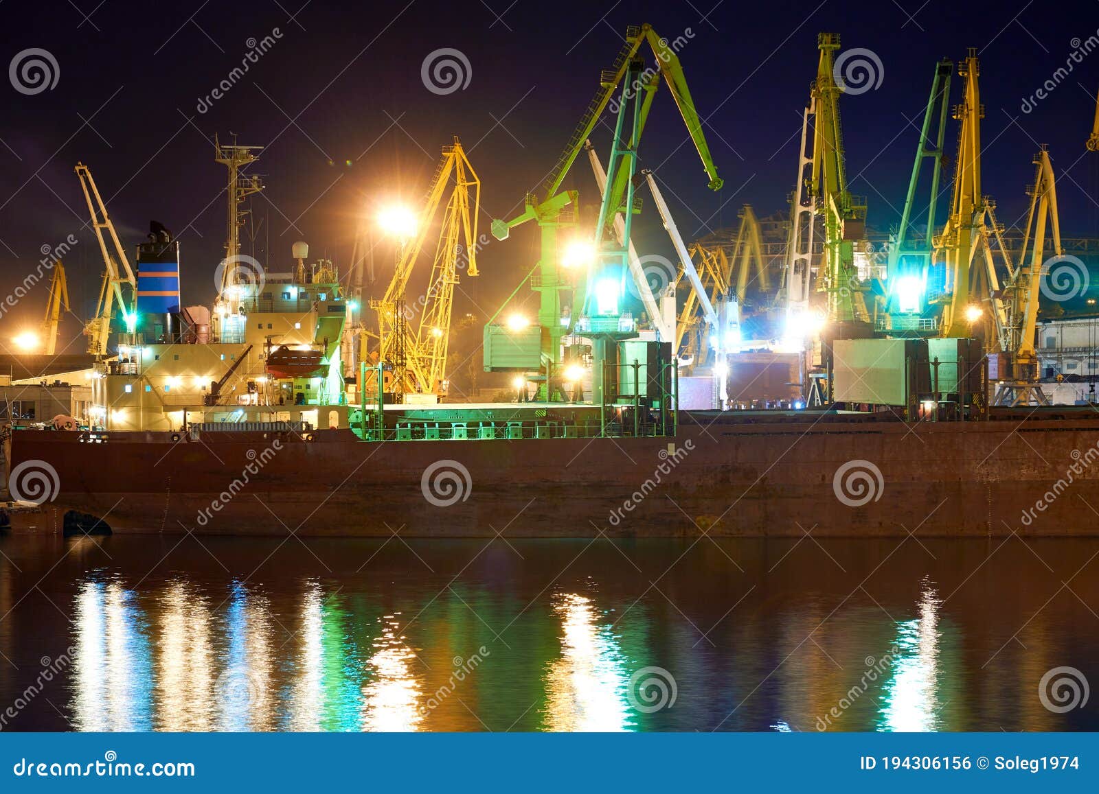 View of the Industrial Port at Night - Ships Waiting for Loading and ...