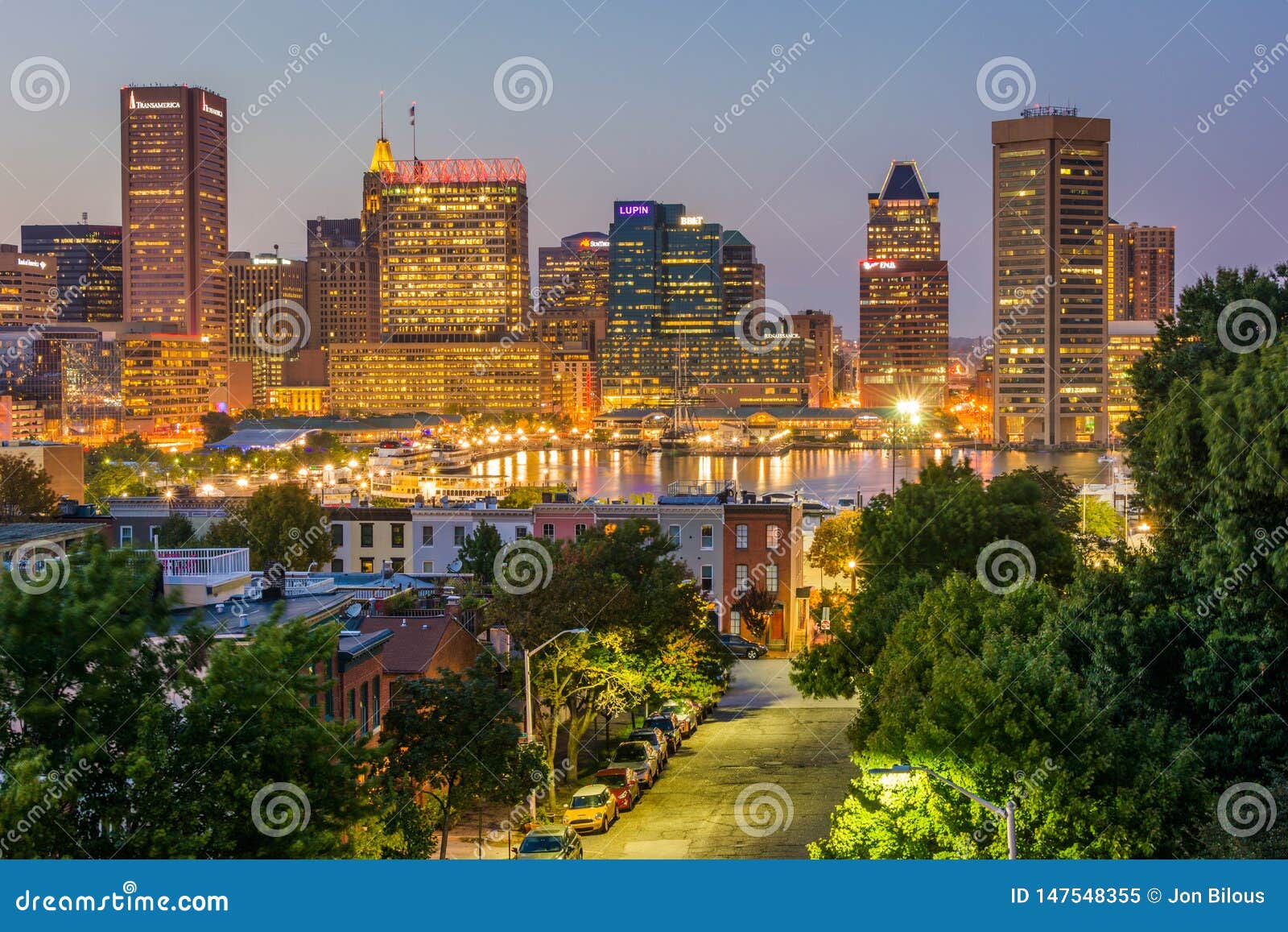View of the Inner Harbor Skyline at Night, in Baltimore, Maryland ...