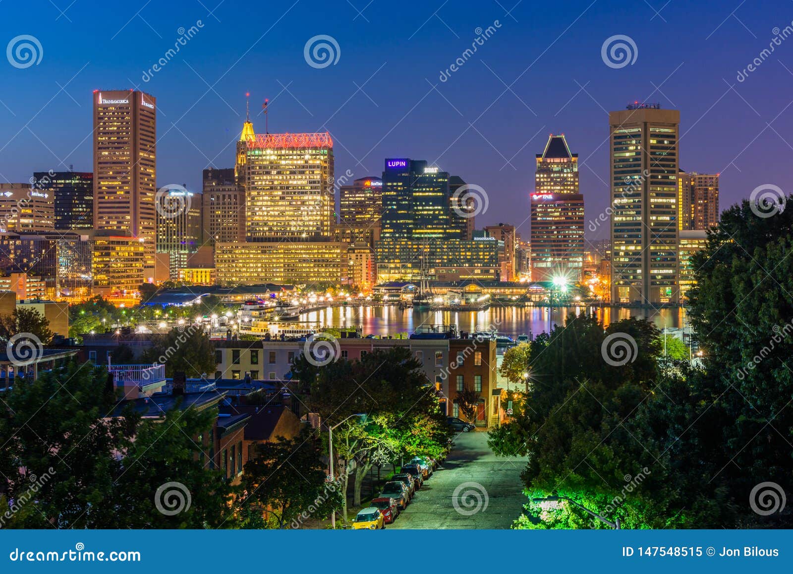 View of the Inner Harbor Skyline at Night, in Baltimore, Maryland ...