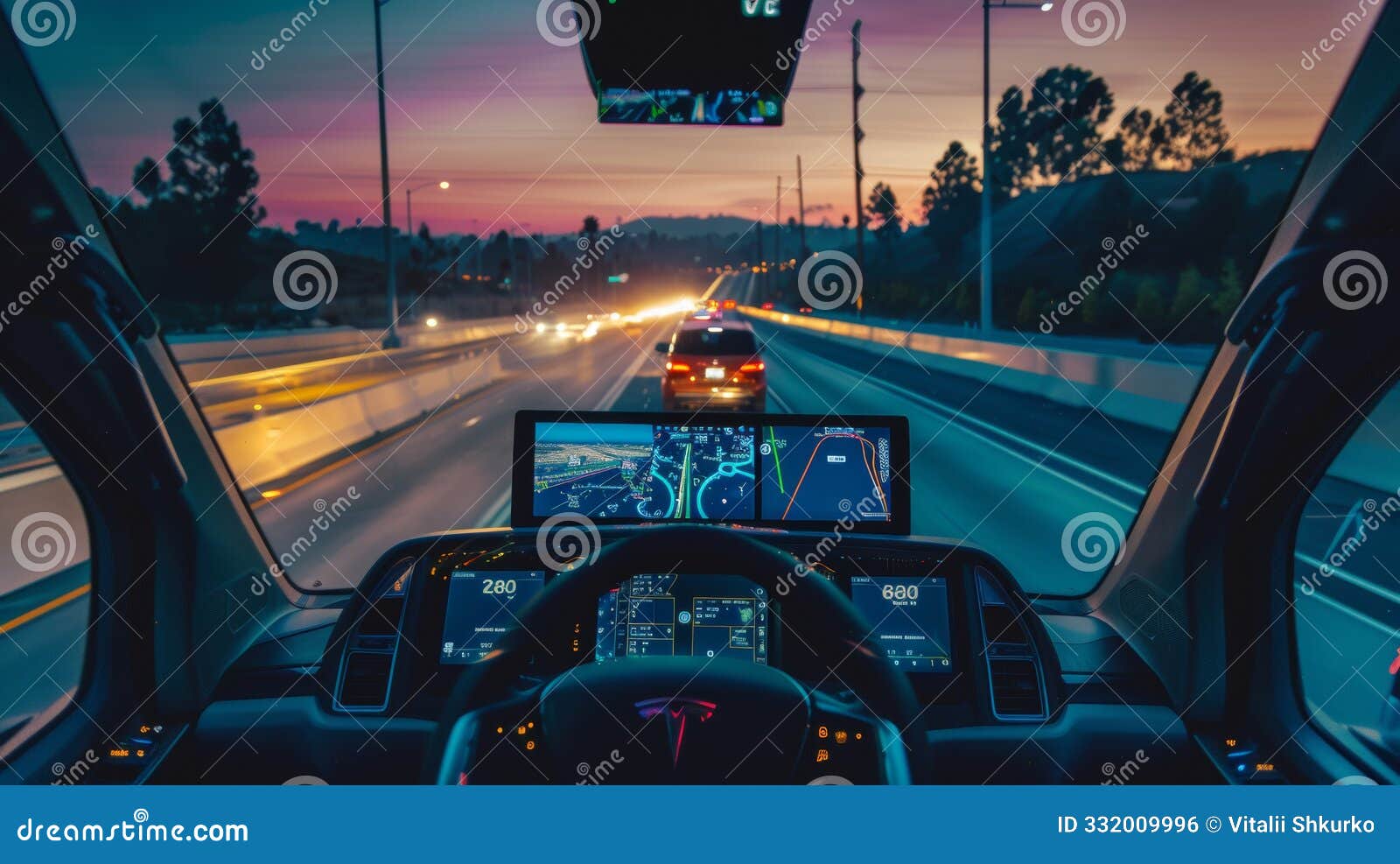 View from Inside an Autonomous Truck Driving on a Highway at Dusk ...