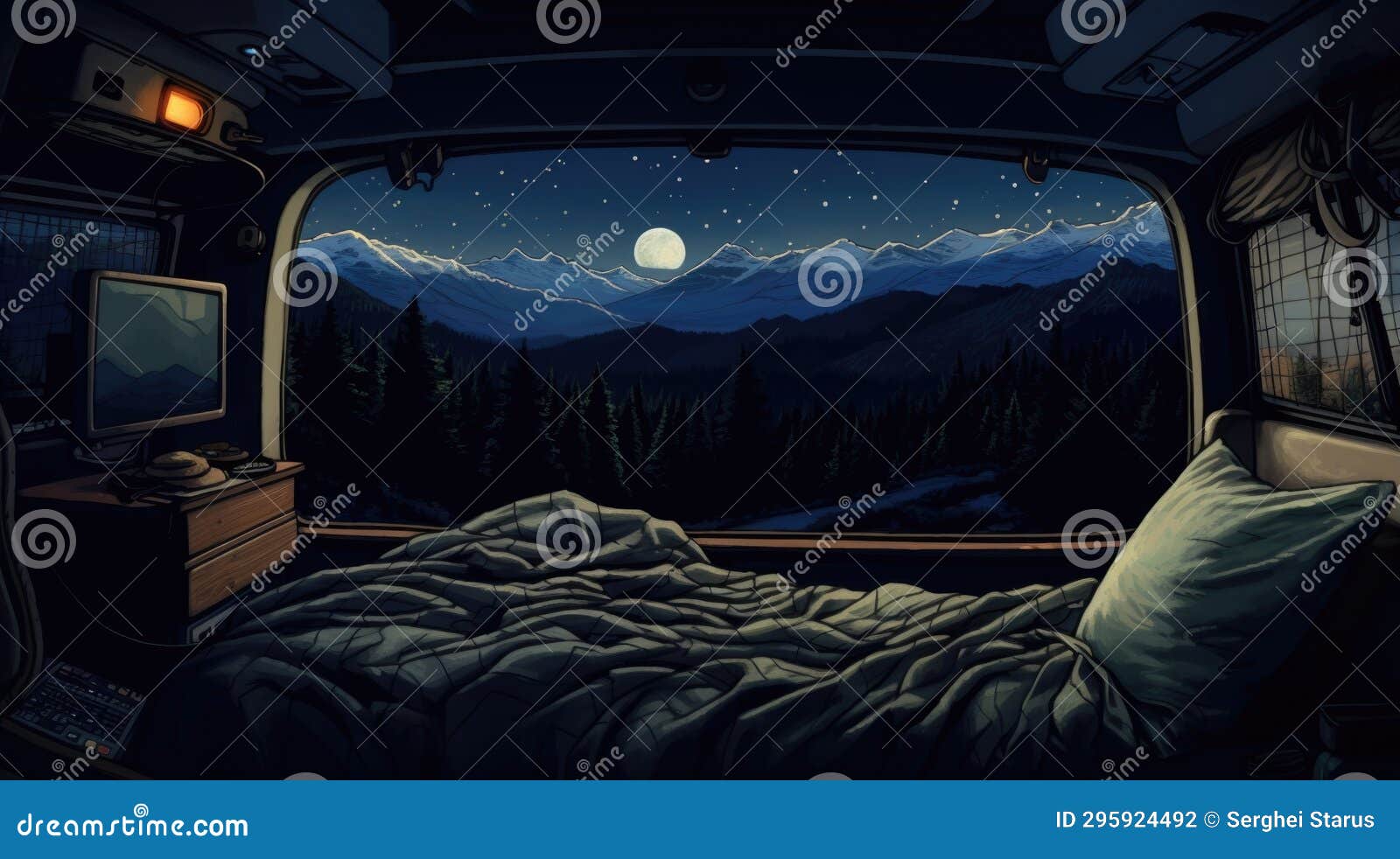 The View from Inside a Camper Van at Night, AI Stock Illustration ...