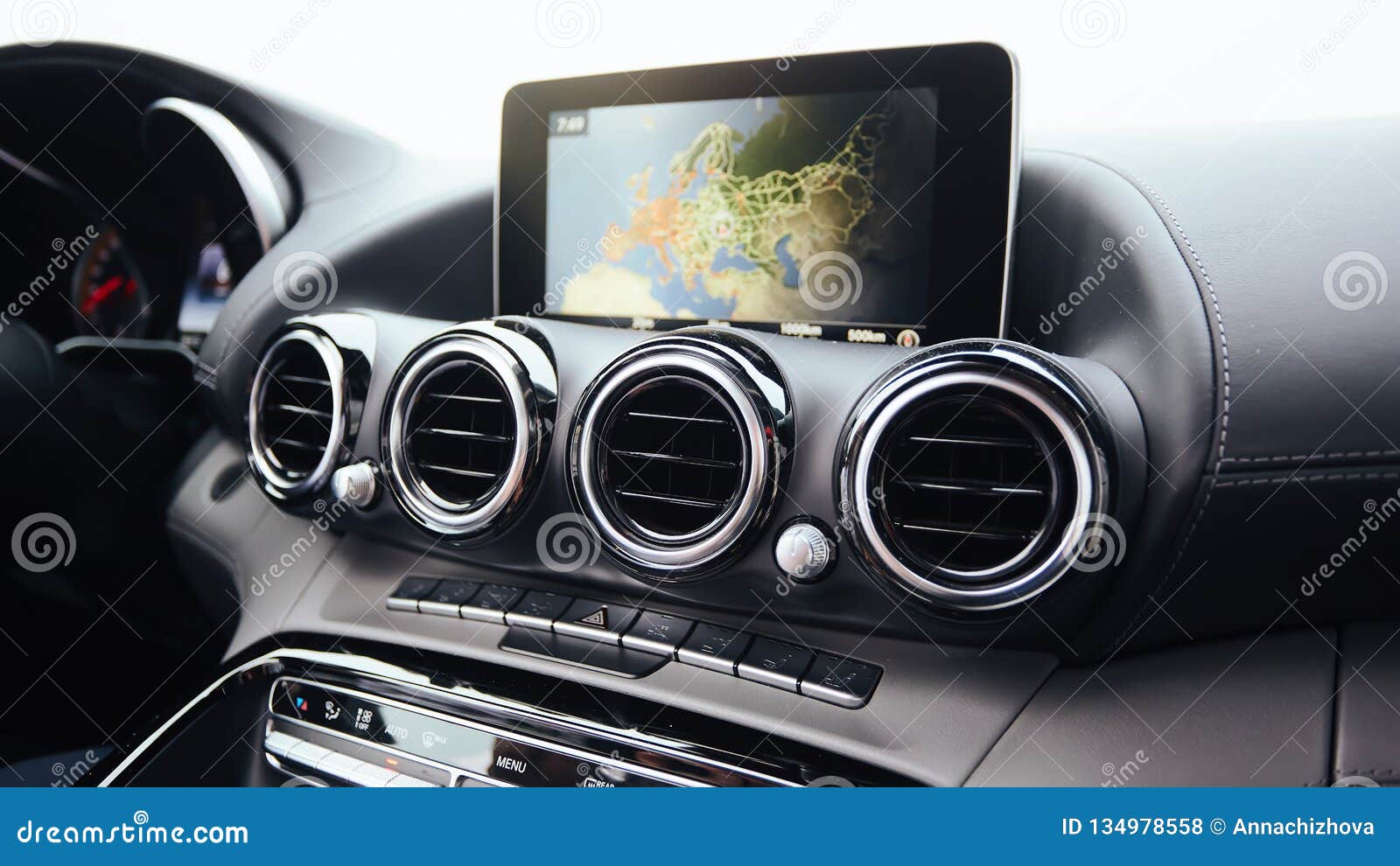View from Inside a Car on a Part of Dashboard with a Navigation Unit ...