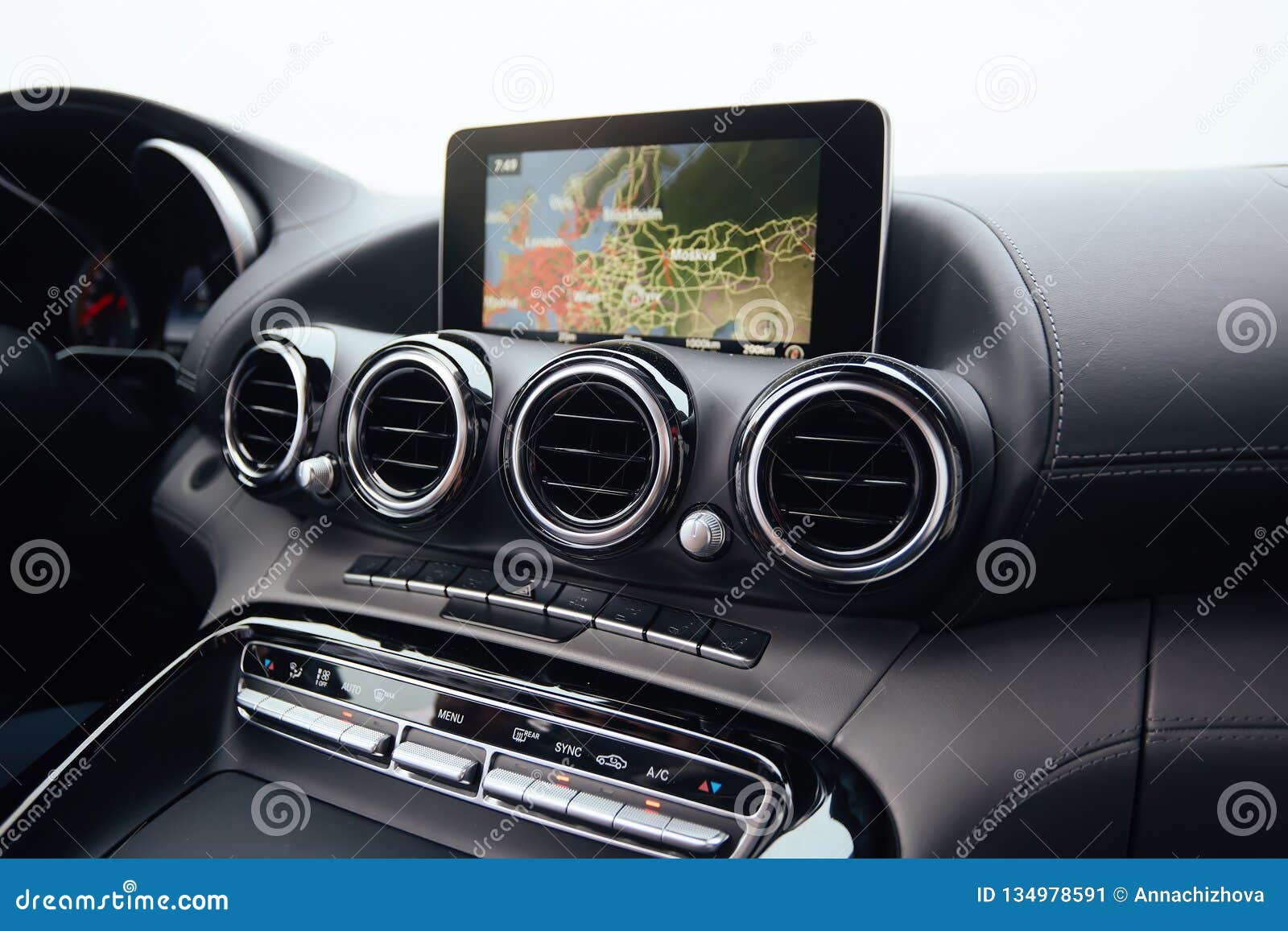 View from Inside a Car on a Part of Dashboard with a Navigation Unit ...