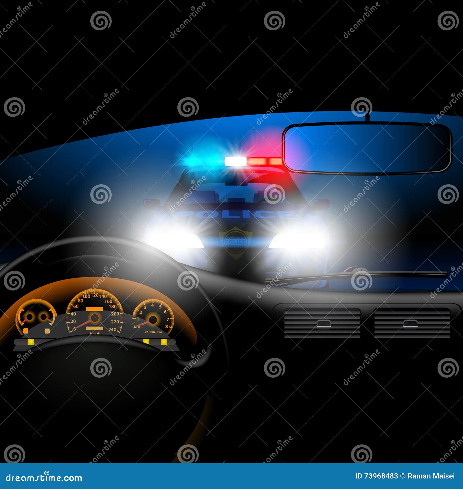 View from Inside the Car on the Police Car in Night with Lights Stock ...