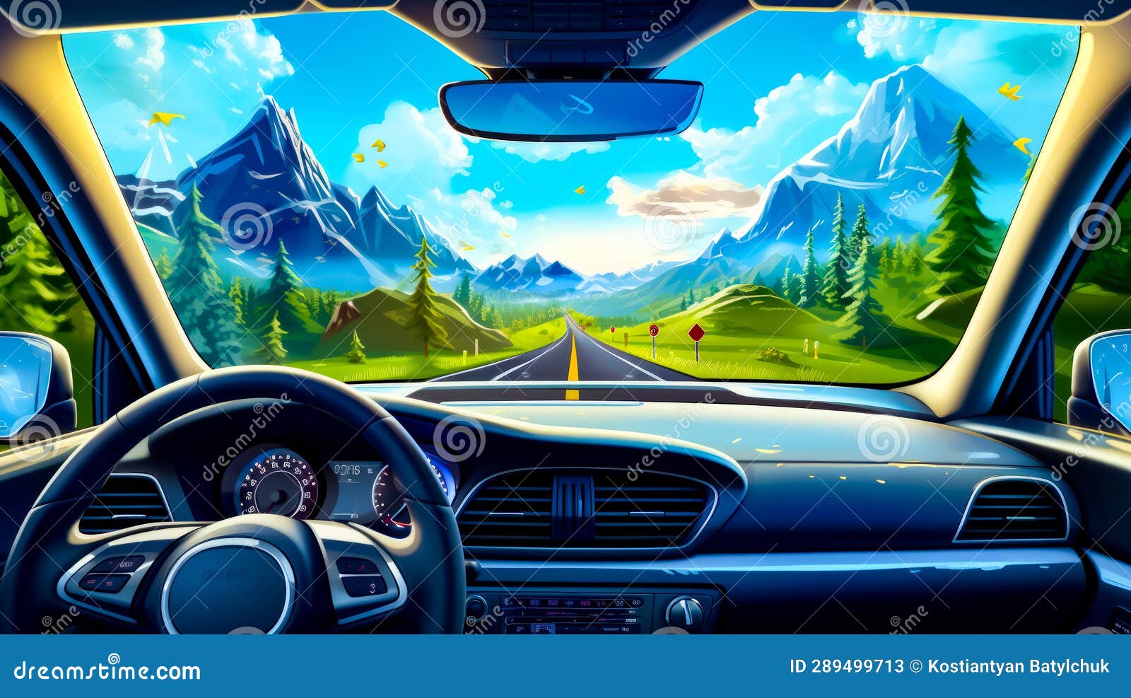 View from Inside Car of Road with Mountains in the Background ...