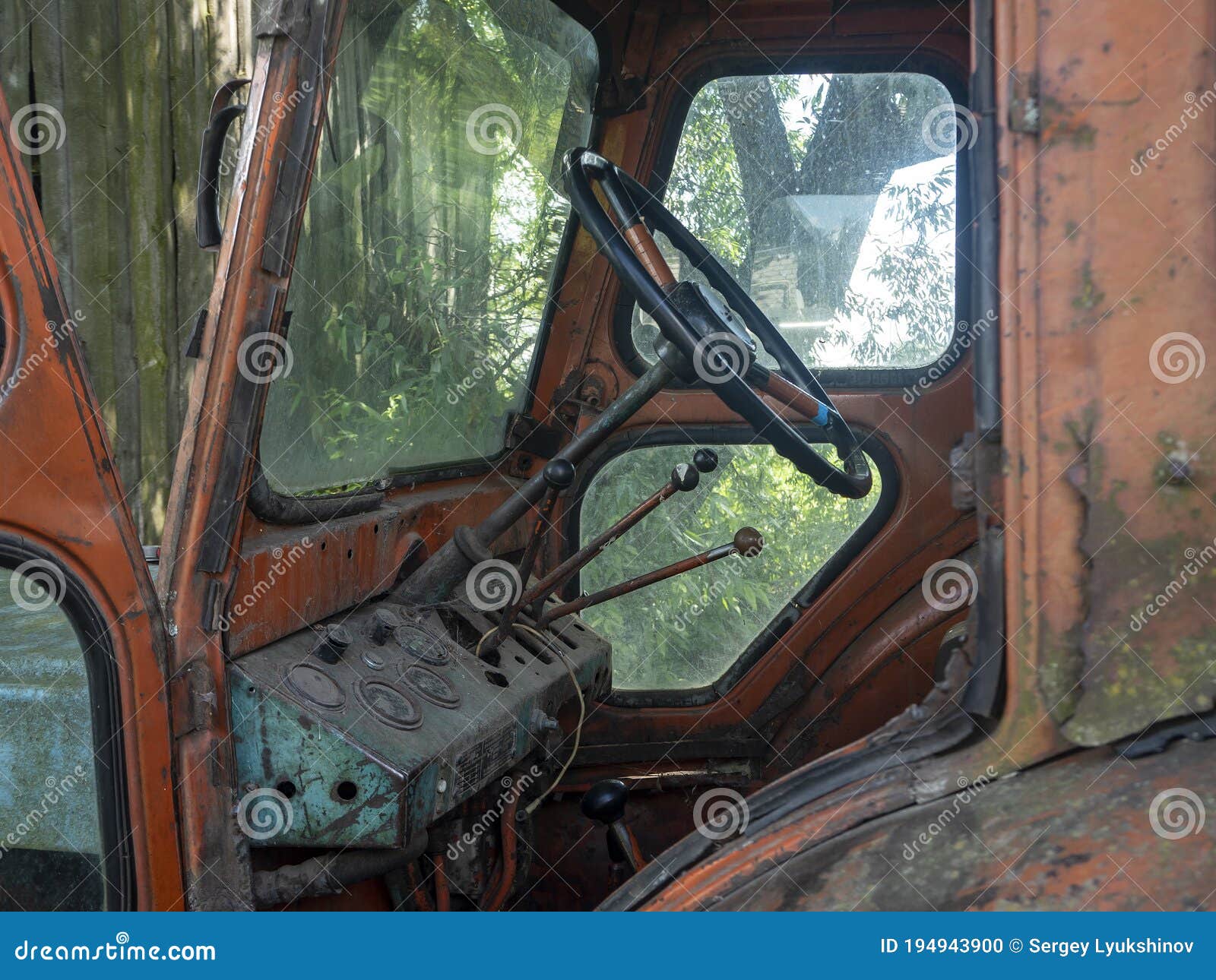 View Inside the Old and Rusty Tractor Cab. Abandoned Agricultural ...