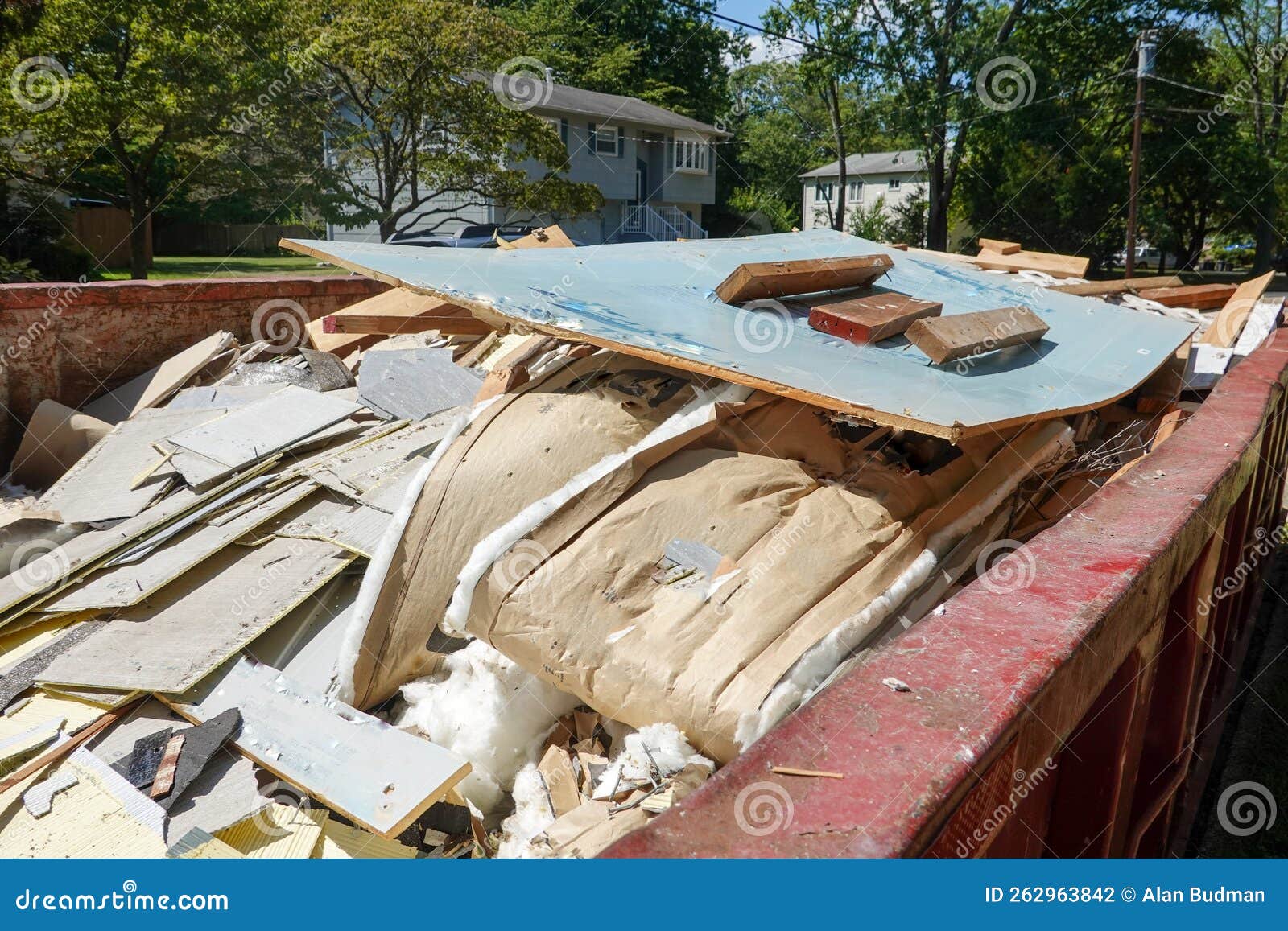 View Inside a Red Dumpster Full of Construction Debris Stock Photo ...