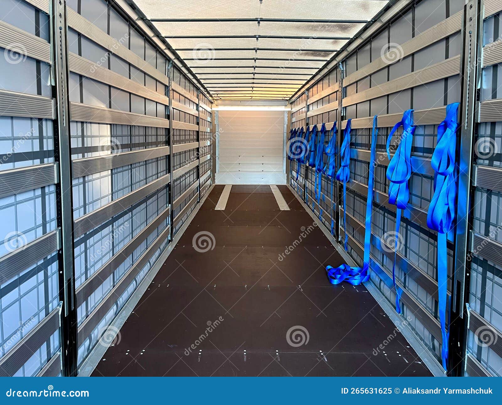 View Inside the Semi-trailer. Tie Straps for Securing Loads Hang on the ...