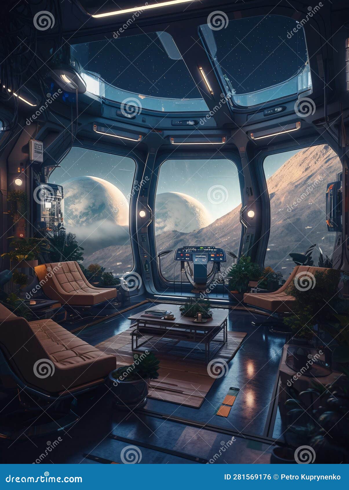 View Inside the Space Station with Large Windows and Space Chairs for ...