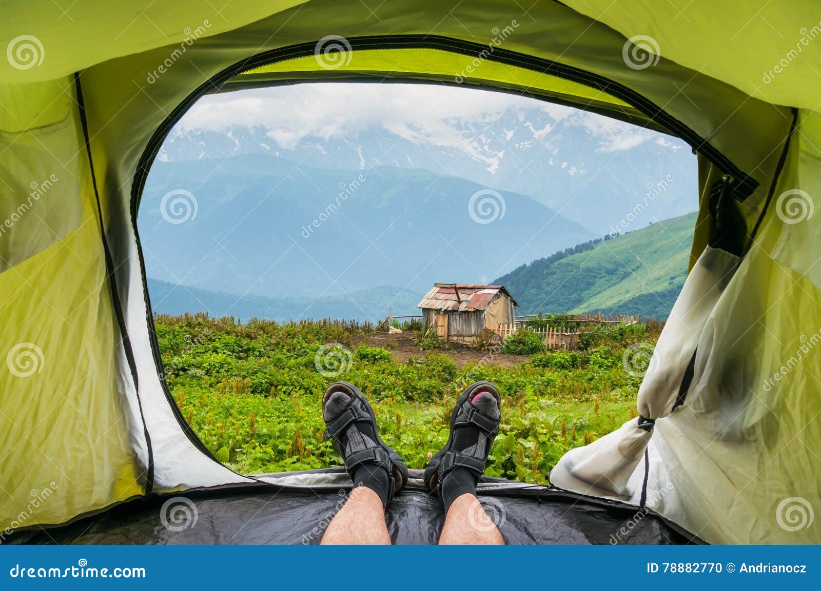View from Inside a Tent on the Old Shack and Mountains Stock Photo ...
