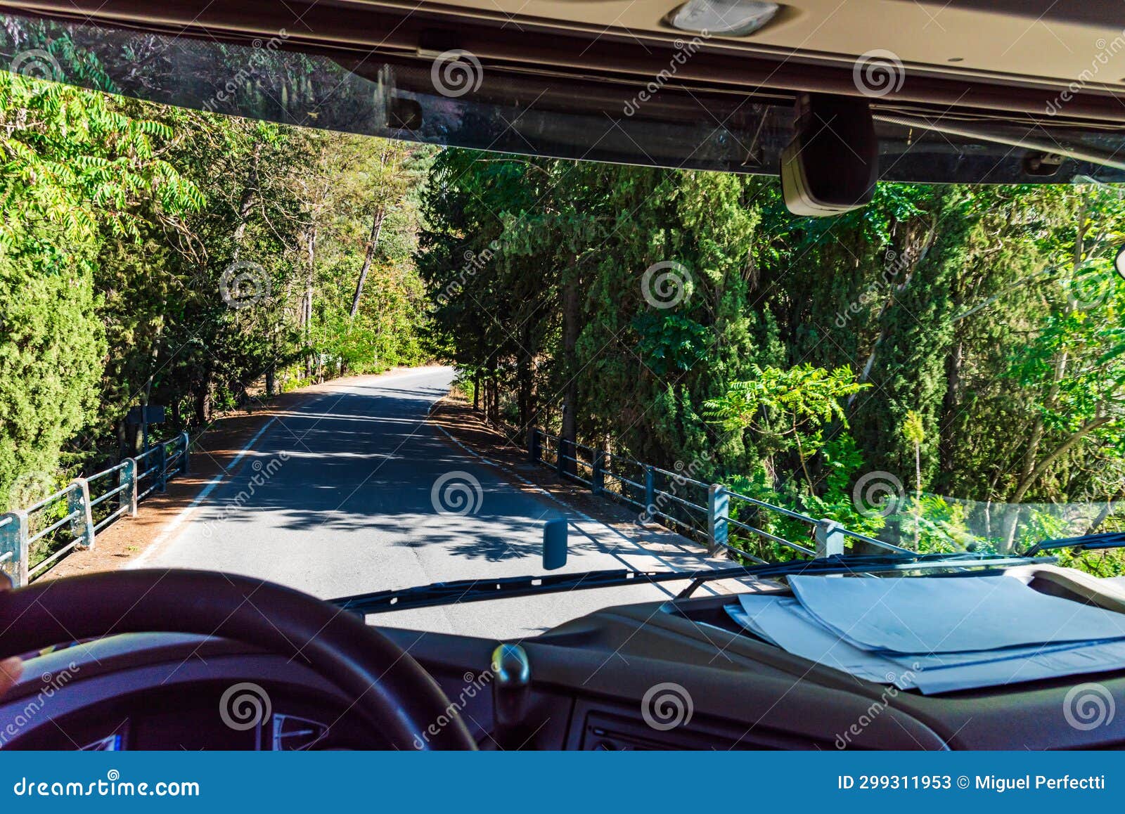 View from Inside a Truck of a Narrow Tree-lined, Curvy Mountain Road ...