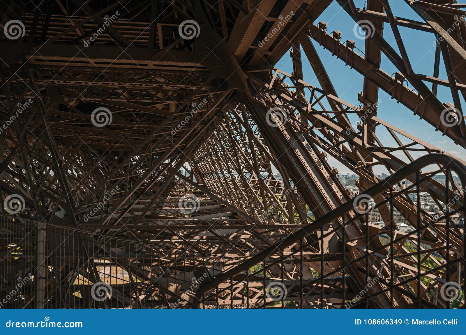 View of Internal Iron Structure of the Eiffel Tower, with Sunny Blue ...