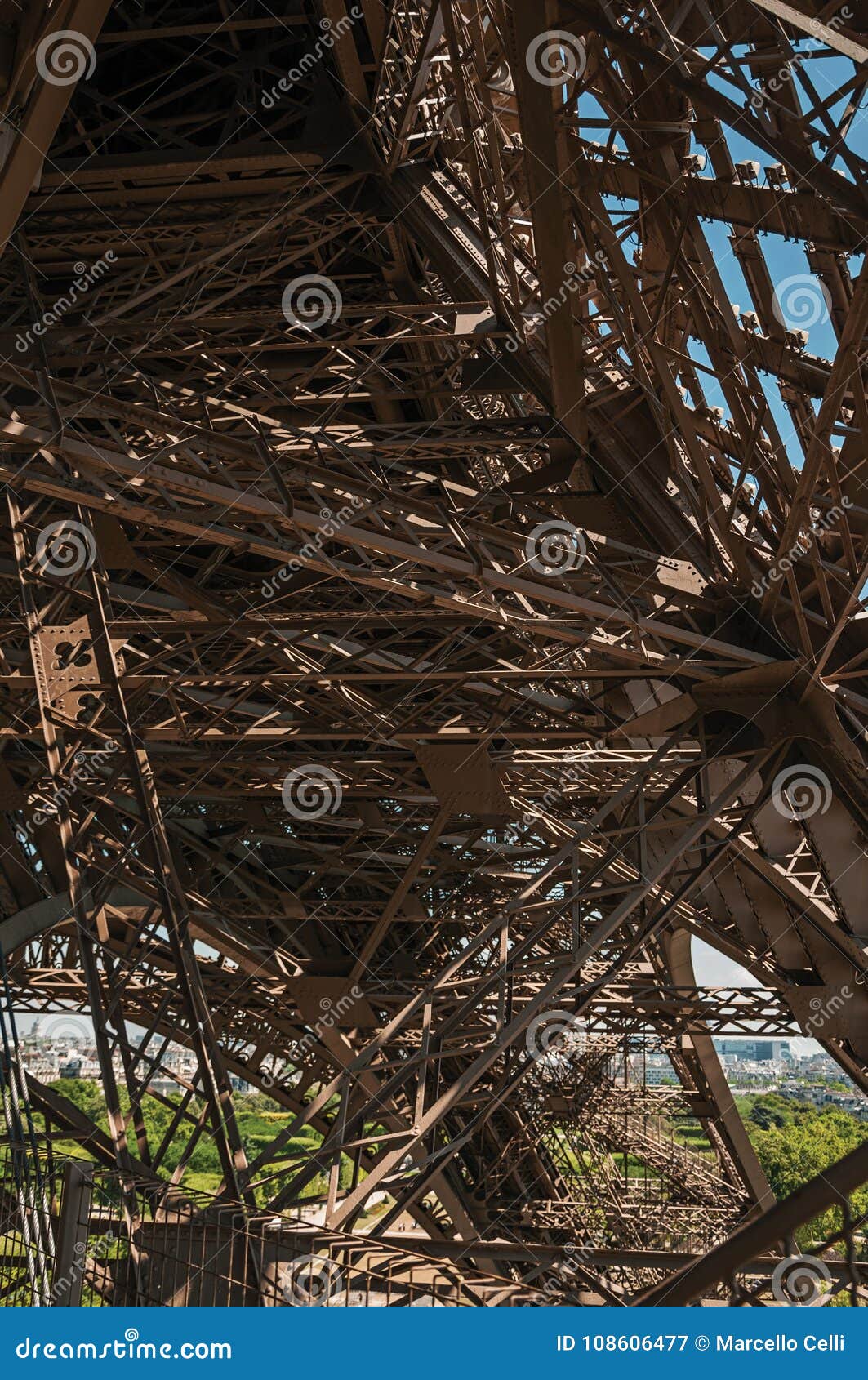 View of Internal Iron Structure of the Eiffel Tower, with Sunny Blue ...