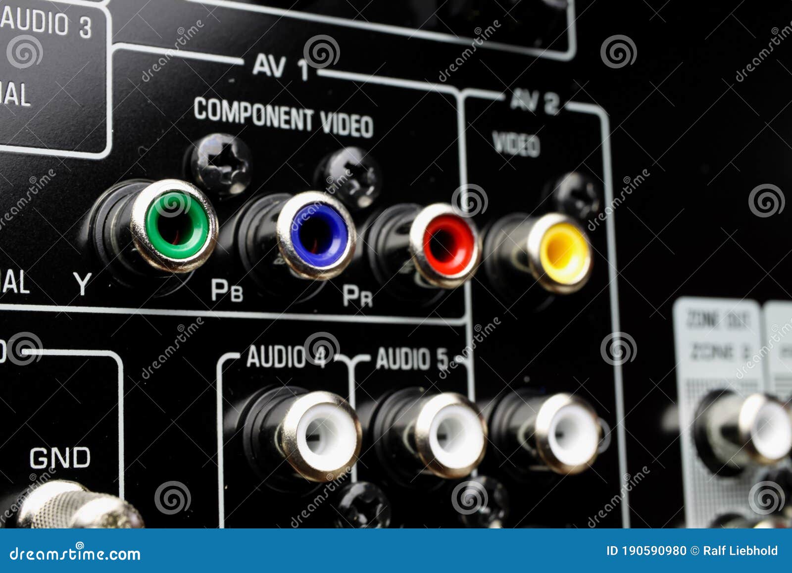 View on Isolated Cinch Sockets of Back Side of Black Dolby Surround ...