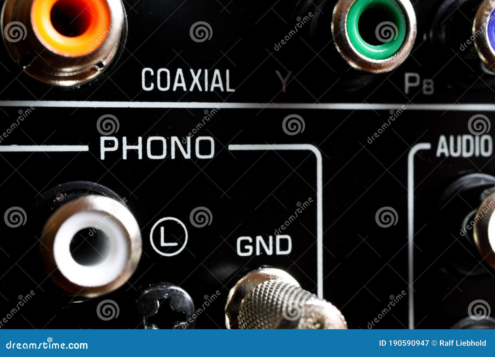 View on Isolated Cinch Sockets of Back Side of Black Dolby Surround ...