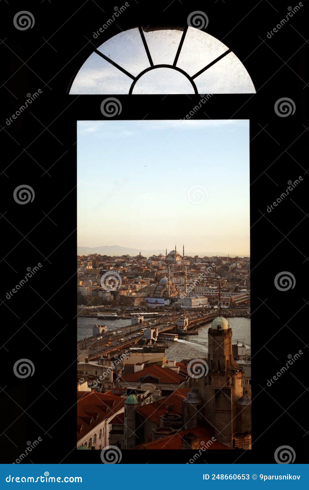View of Istanbul through a Gothic Arched Window. Stock Image - Image of ...