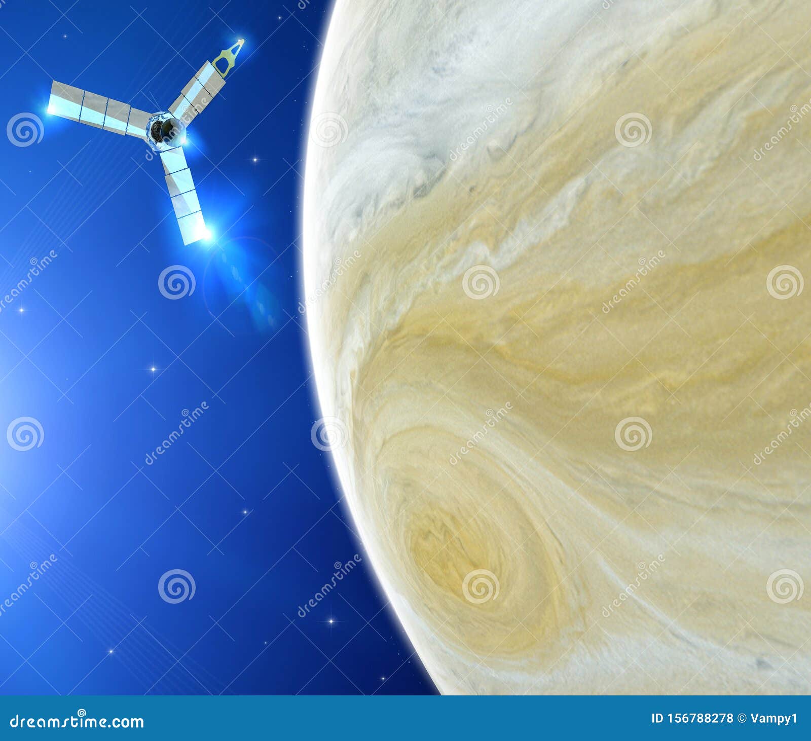 View of Jupiter and Juno, NASA Space Probe Orbiting the Planet. it is ...