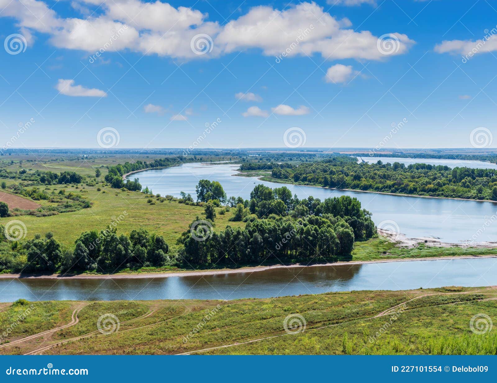View of the Kama River Blue Sky White Clouds, Background. Stock Photo ...