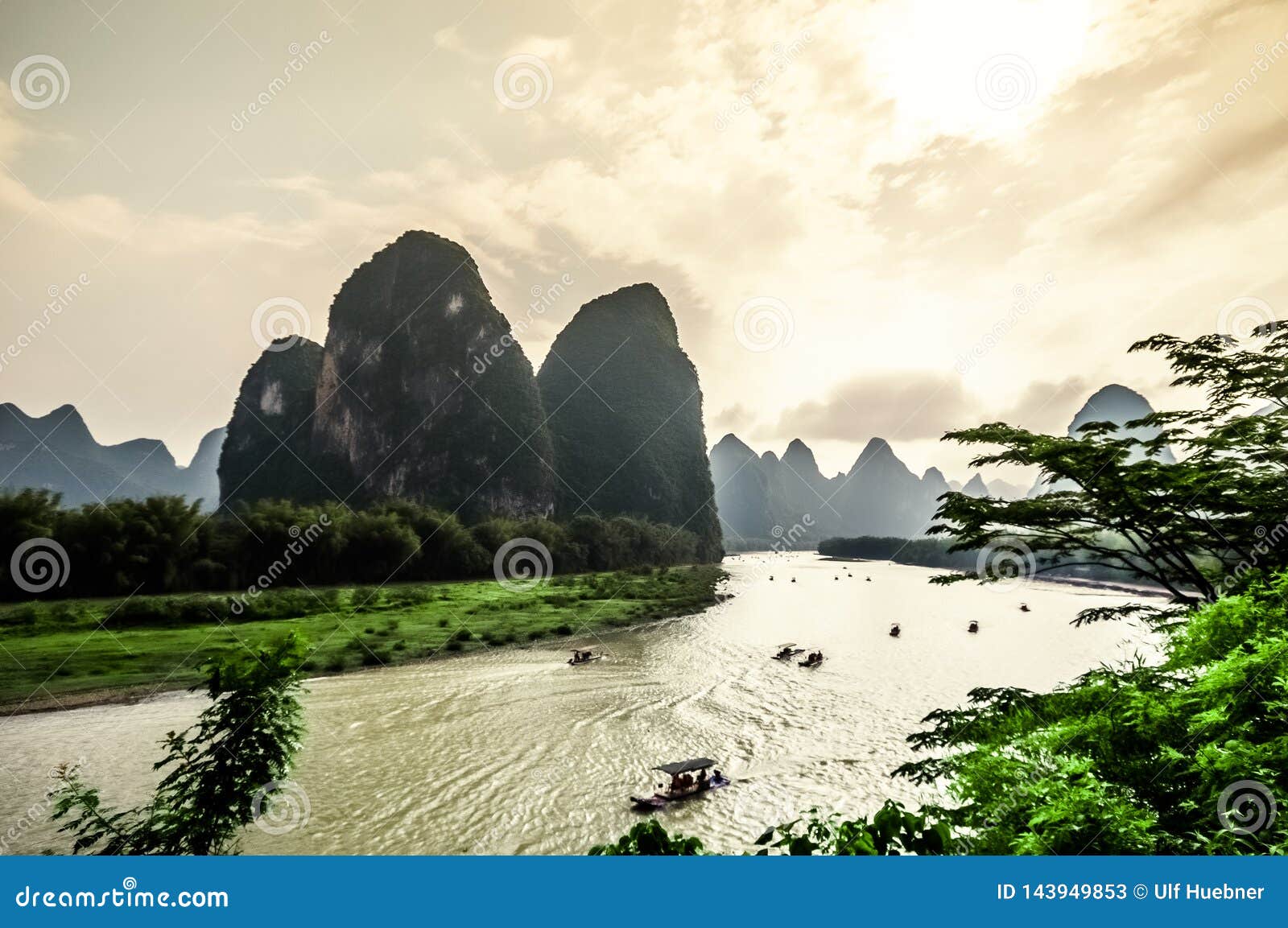 View on Karst Mountains and Limestone Peaks of Li River in China Stock ...